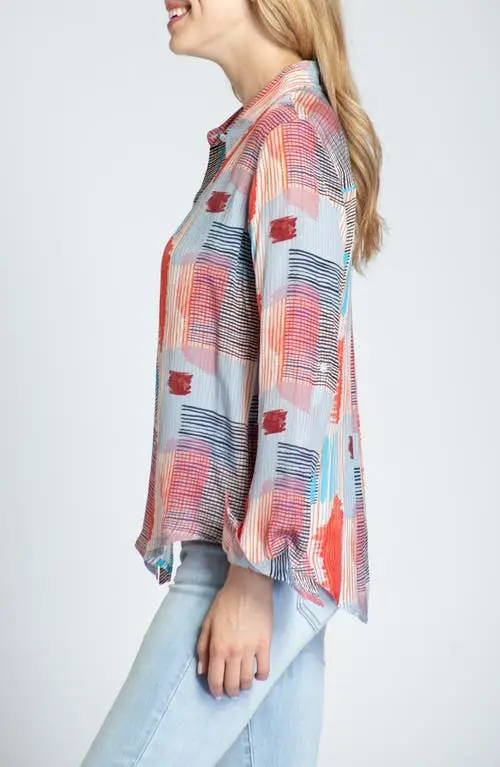 APNY Print Roll-up Sleeve Chiffon Button-up Shirt - Orange Multi