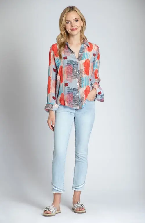 APNY Print Roll-up Sleeve Chiffon Button-up Shirt - Orange Multi