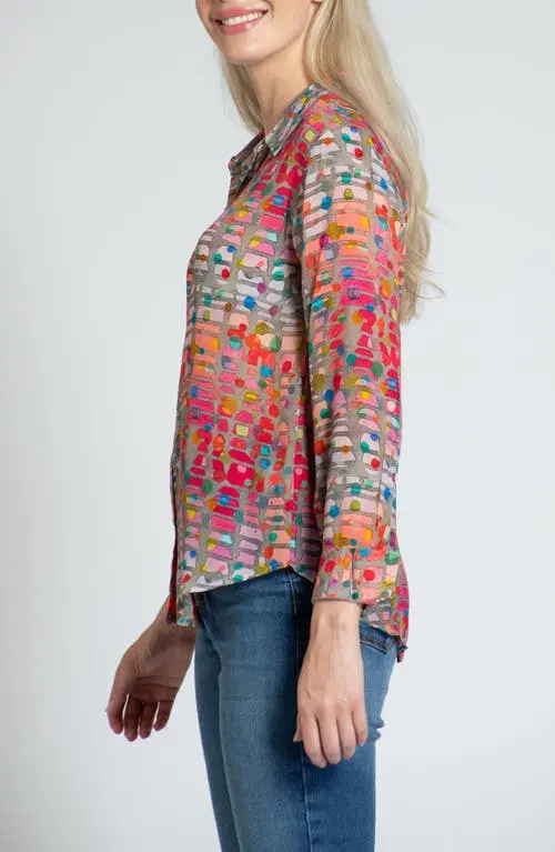 APNY Print Roll-up Sleeve Chiffon Button-up Shirt - Orange Multi
