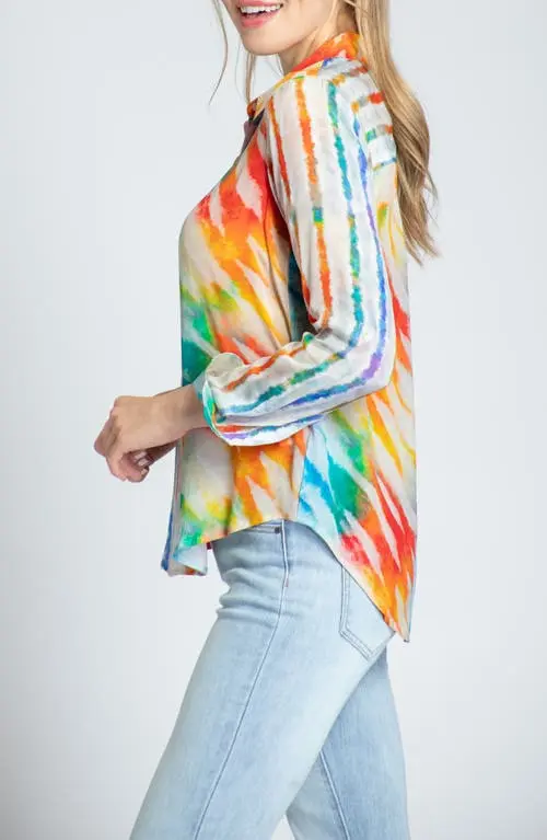 APNY Print Roll-up Sleeve Chiffon Button-up Shirt - Orange Multi