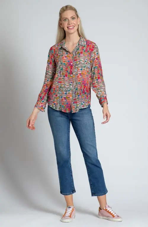 APNY Print Roll-up Sleeve Chiffon Button-up Shirt - Orange Multi