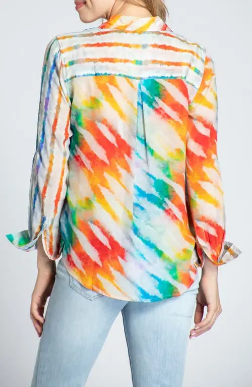 APNY Print Roll-up Sleeve Chiffon Button-up Shirt - Orange Multi
