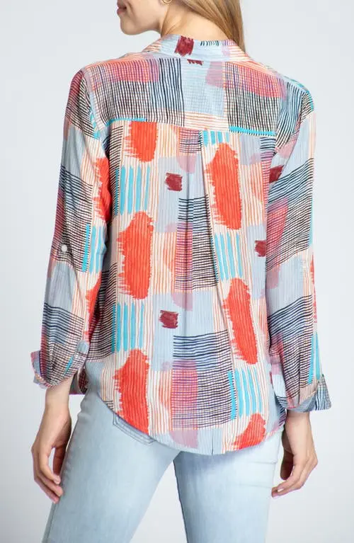 APNY Print Roll-up Sleeve Chiffon Button-up Shirt - Orange Multi