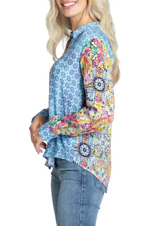 APNY Print Roll-up Sleeve Chiffon Button-up Shirt - Yellow Multi