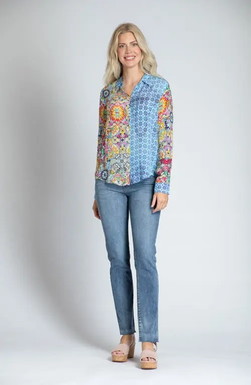 APNY Print Roll-up Sleeve Chiffon Button-up Shirt - Yellow Multi