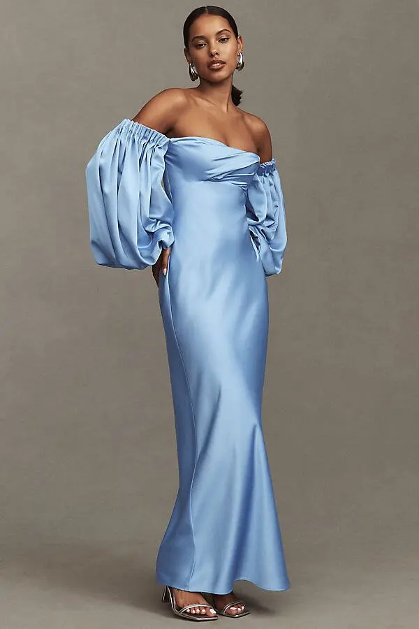 Significant Other Danika Long-Sleeve Off-The-Shoulder Satin Maxi Dress In  Blue - 30% Off | Editorialist