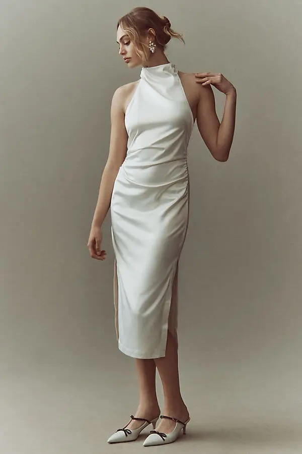 Bhldn Halter Satin Column Midi Dress - White