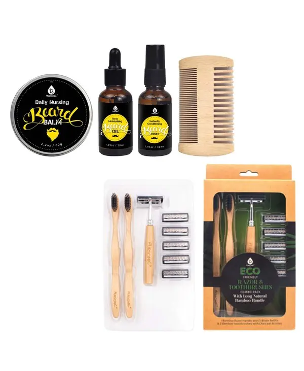 PURSONIC Beard Care Grooming Kit & Eco Friendly Razor + Toothbrushes Combo Pack - Multicolor