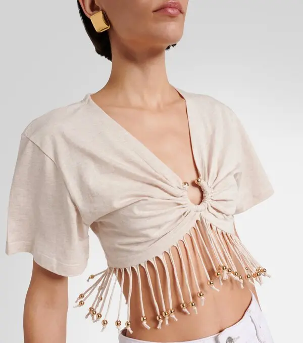 Rabanne Fringed Beaded Crop Top - Neutrals