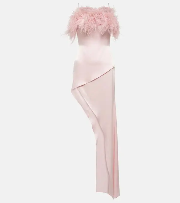 David Koma Feather-trimmed Satin Midi Dress - Pink