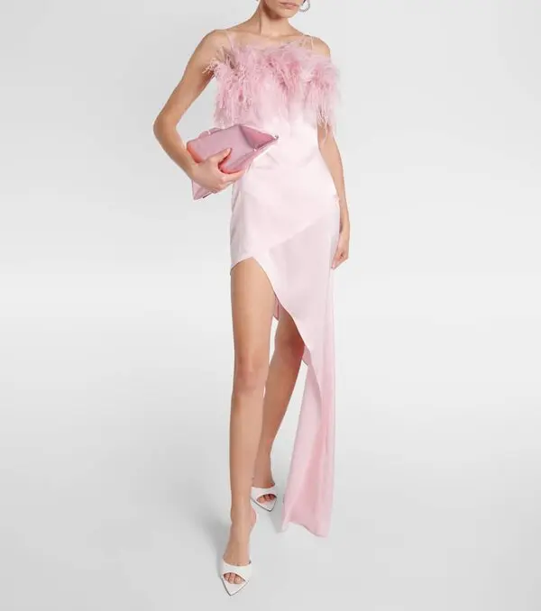 David Koma Feather-Trimmed Satin Midi Dress - Pink - 30% Off | Editorialist