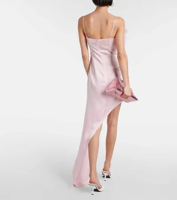 David Koma Feather-trimmed Satin Midi Dress - Pink