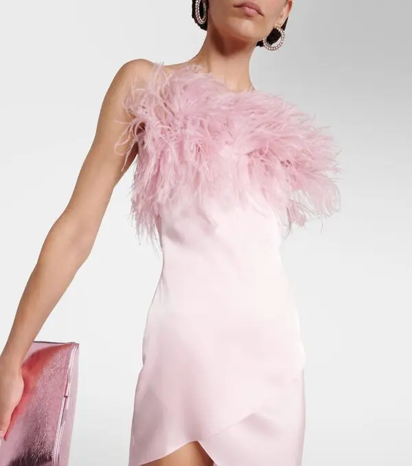 David Koma Feather-trimmed Satin Midi Dress - Pink