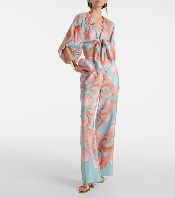 ADRIANA DEGREAS Printed High-rise Silk Wide-leg Pants