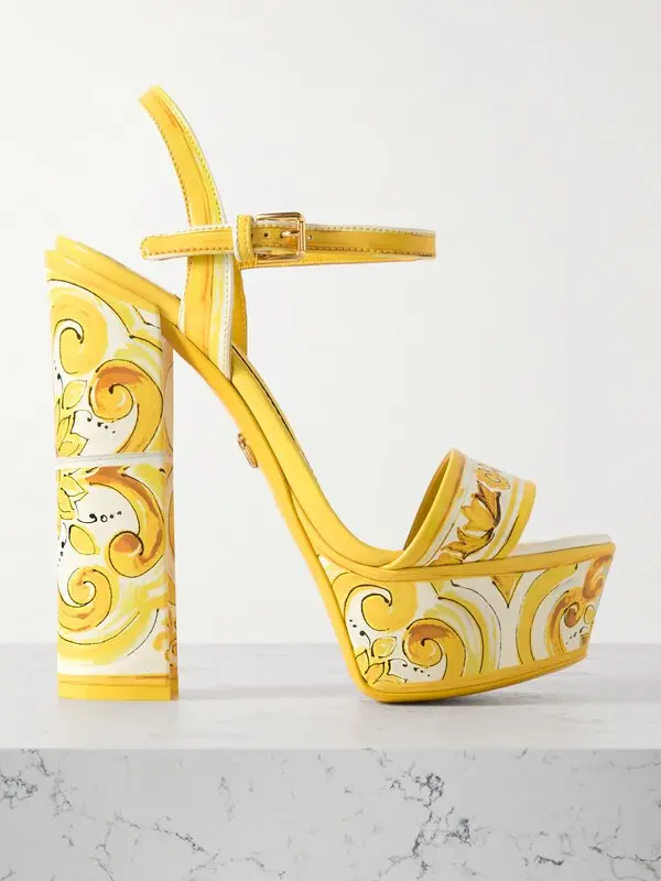Dolce & Gabbana Keira Printed Leather Platform Sandals - Yellow
