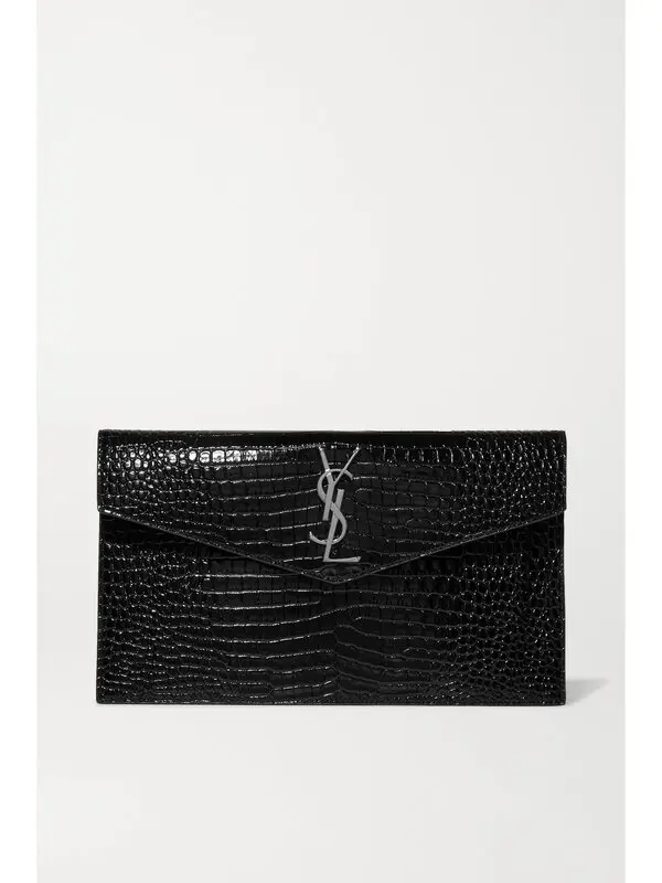 Saint Laurent Uptown Croc-effect Patent-leather Pouch - Black