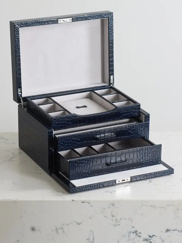 Smythson Mara Croc-effect Leather Jewelry Box - Blue