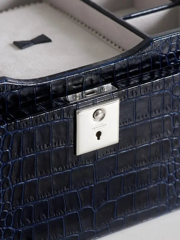 Smythson Mara Croc-effect Leather Jewelry Box - Blue