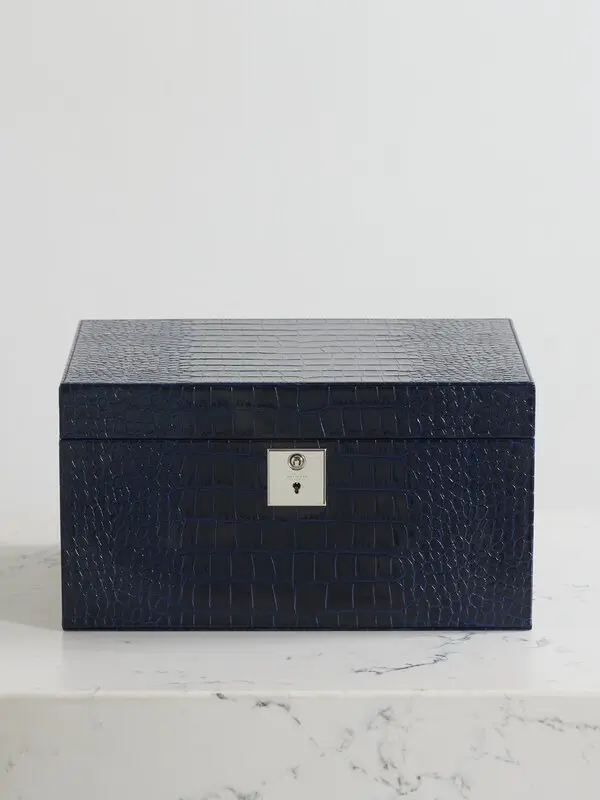 Smythson Mara Croc-effect Leather Jewelry Box - Blue