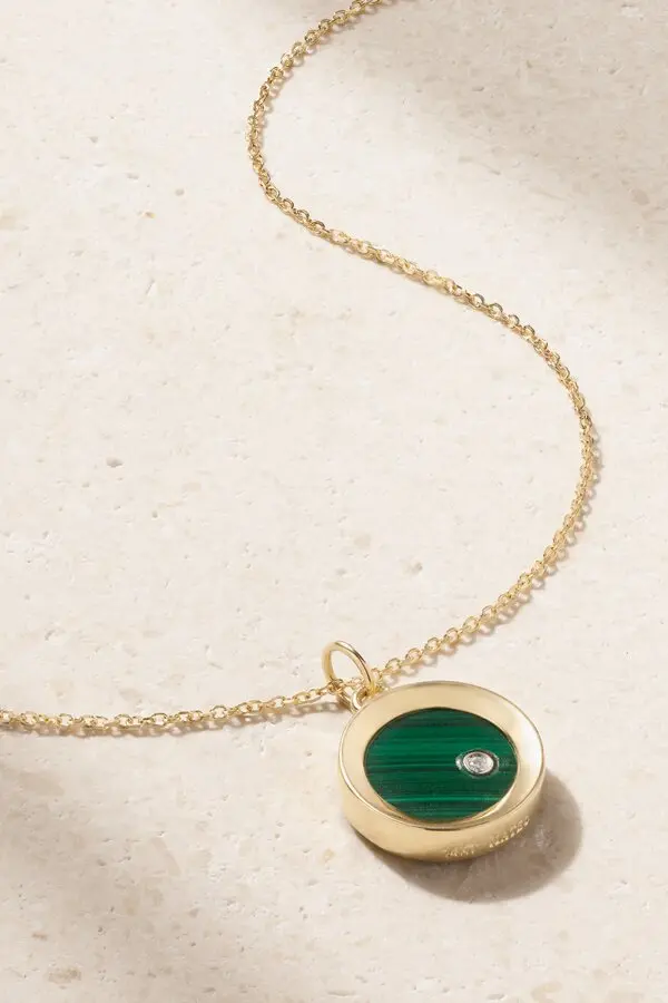 Mateo 14-karat Gold, Malachite And Diamond Medallion Necklace - Green