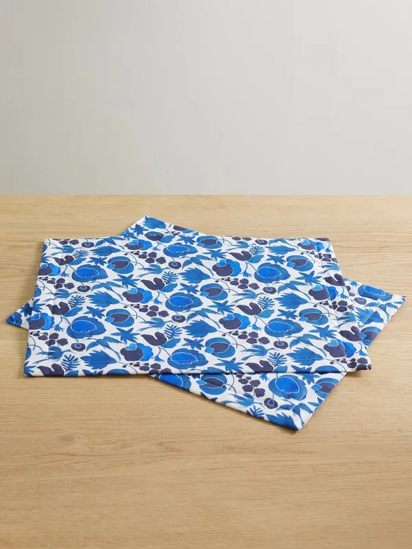 La DoubleJ Set Of Two Printed Linen Placemats - Blue