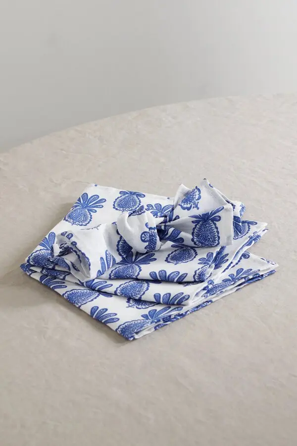 La DoubleJ Set Of Six Printed Linen Napkins - Blue
