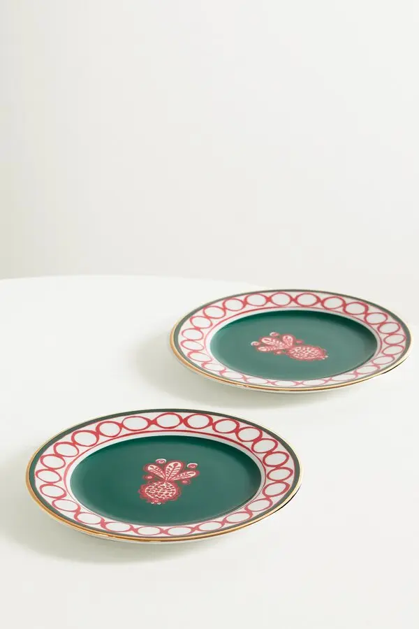 La DoubleJ Set Of Two Gold-plated Porcelain Dessert Plates - Green