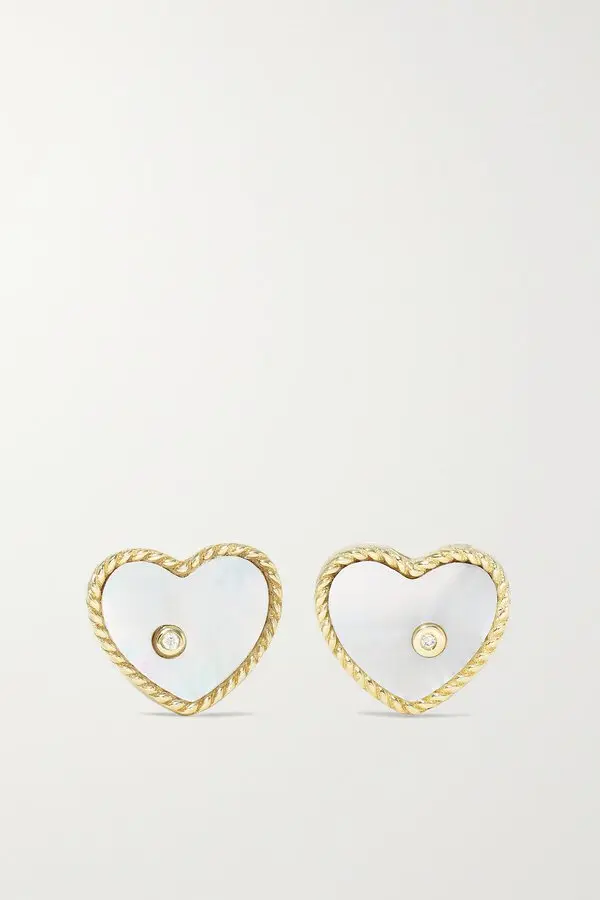 Yvonne Léon 9-karat Gold, Mother-of-pearl And Diamond Heart Earrings - White