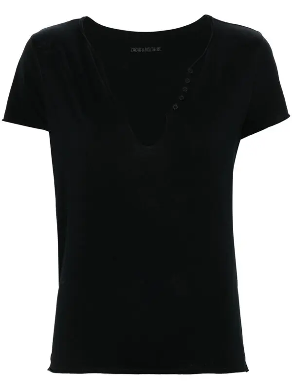 Zadig&Voltaire Organic Cotton Henley T-shirt With Diamante Wings - Black