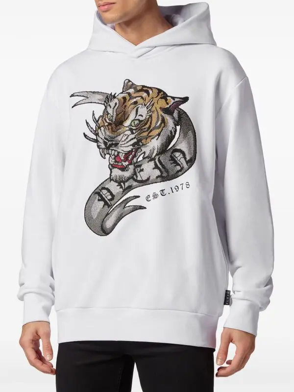 Philipp Plein Crystal-embellished Tiger-print Hoodie - White