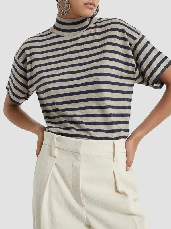 Brunello Cucinelli Cashmere And Silk Sparkling Stripe Turtleneck Sweater