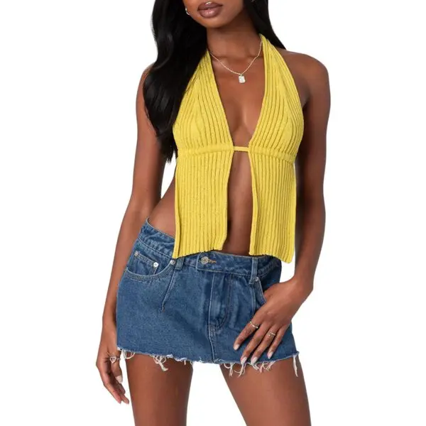 EDIKTED Caraway Split Front Open Back Rib Halter Top