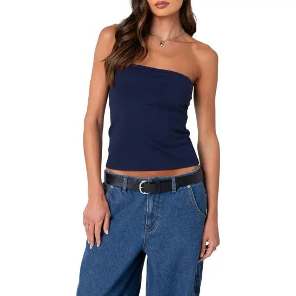 EDIKTED Stretch Cotton Tube Top - Navy