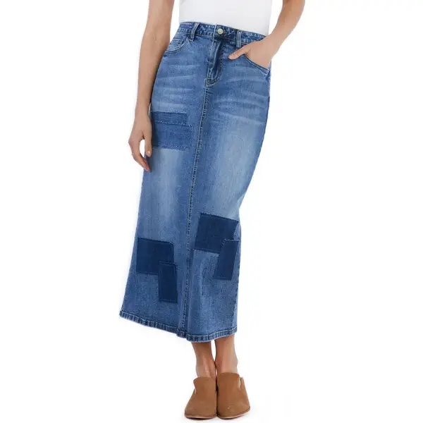 WASH LAB DENIM Patchwork Midi Skirt - Patch Blue