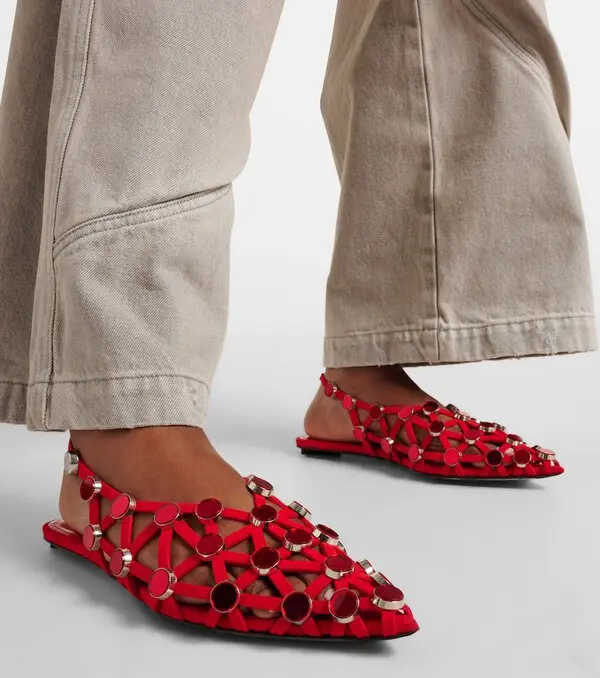 Attico Grid Studded Suede Slingback Flats - Red