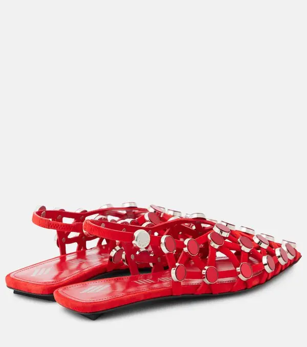 Attico Grid Studded Suede Slingback Flats - Red