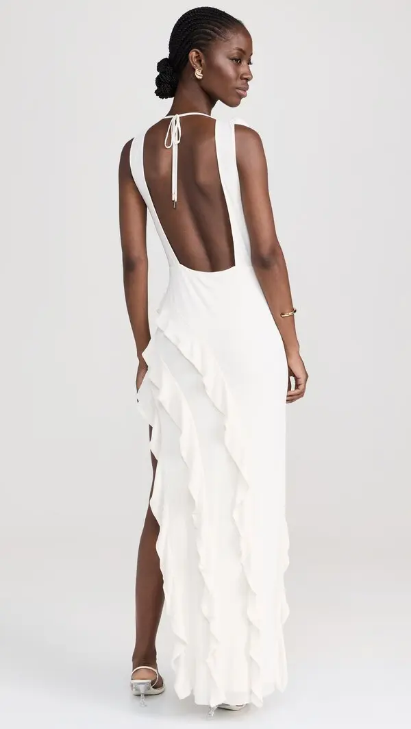 afrm airess ruffle maxi dress AFRM Airess ruffle rosette detail maxi dress in airy