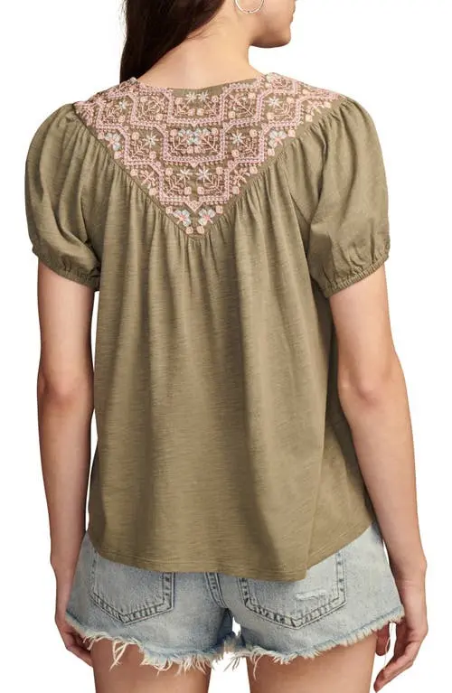 Lucky Brand Embroidered Split Neck Top - Dusty Olive