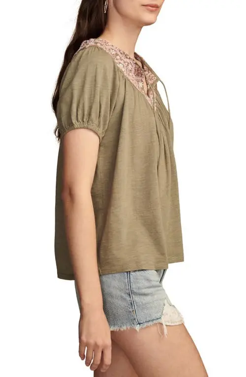 Lucky Brand Embroidered Split Neck Top - Dusty Olive