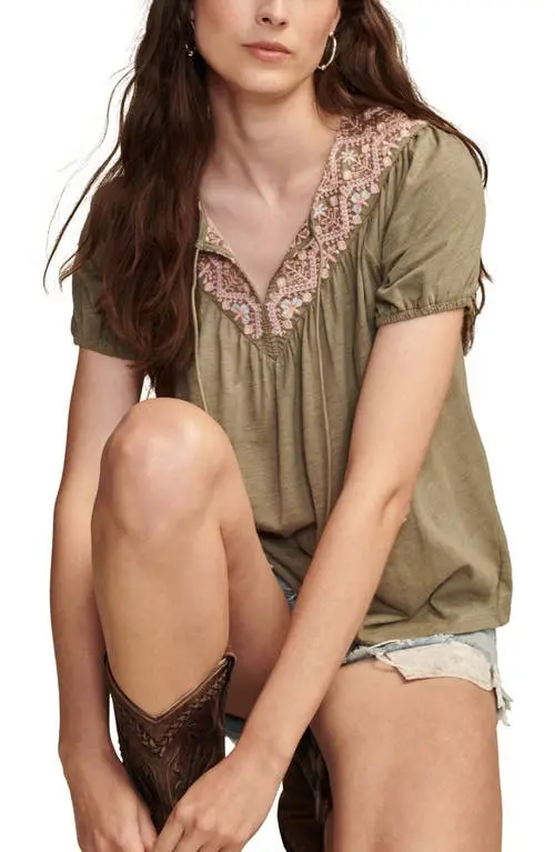 Lucky Brand Embroidered Split Neck Top - Dusty Olive