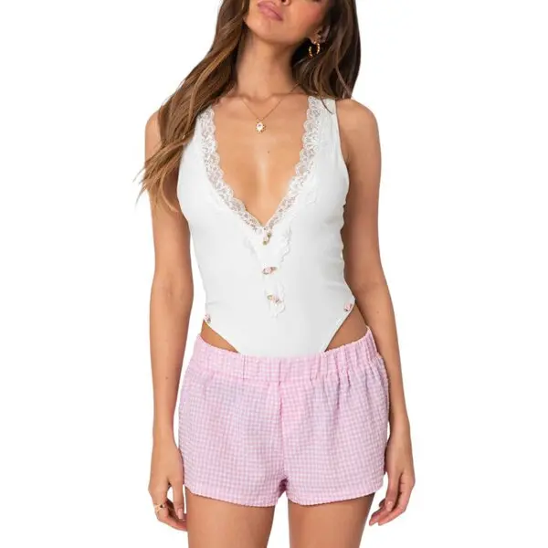 EDIKTED Rosette Lace Trim Bodysuit