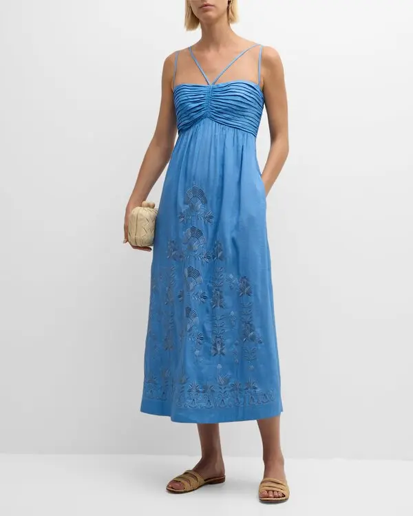 Kobi Halperin Ariella Pleated Floral Embroidered Midi Dress - Skyline |  Editorialist