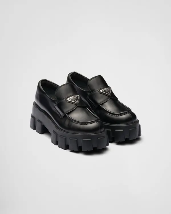 Prada Brushed Leather Monolith Loafers - Black