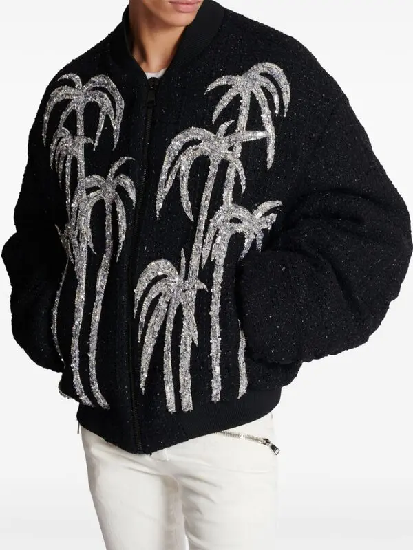 Balmain Palm Tree-print Tweed Bomber Jacket