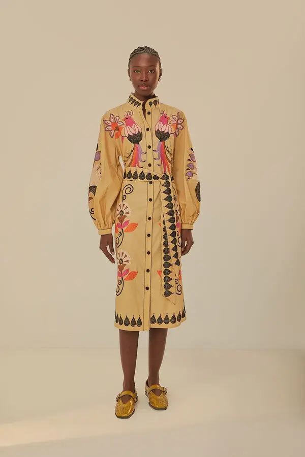 khaki embroidered dress Khaki Linen Embroidered Dress Small