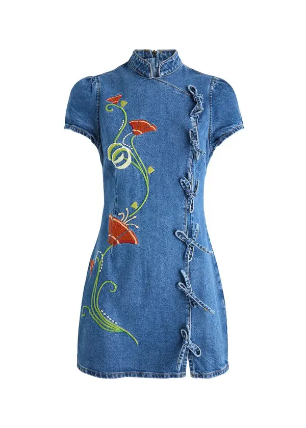 Kitri Harlow Floral Embroidered Mini Dress In Denim - 61% Off | Editorialist