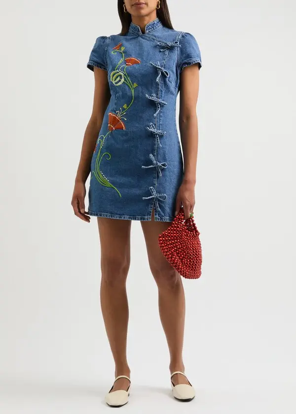 Kitri Harlow Floral Embroidered Mini Dress In Denim - 61% Off | Editorialist