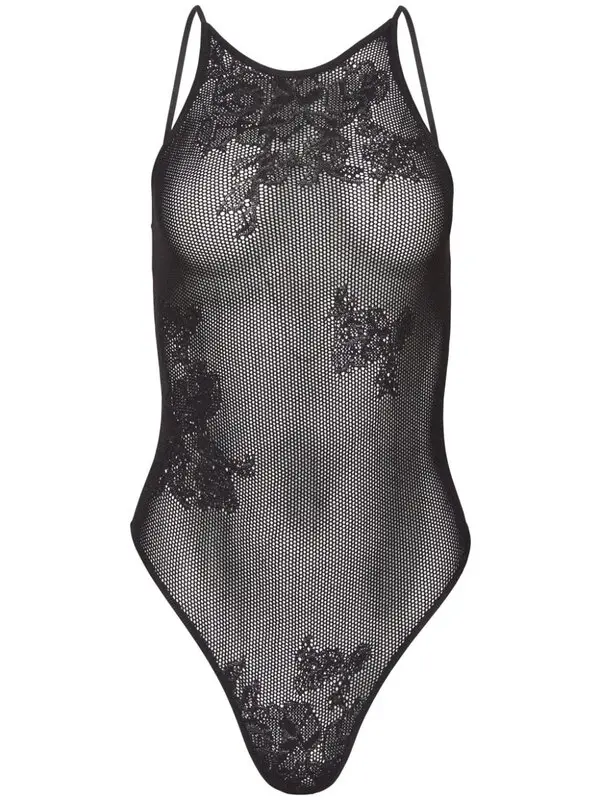 FLEUR DU MAL Pointelle-knit Lace Racer Bodysuit - Black