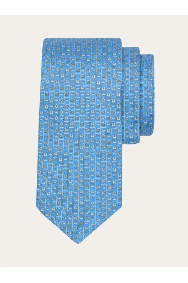 FERRAGAMO Gancini Monogram Print Silk Tie - Blue