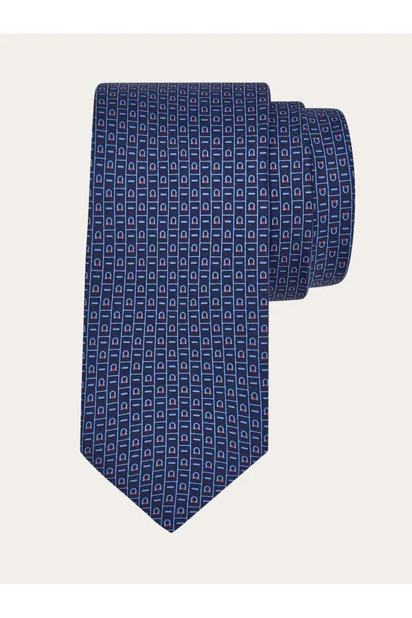 FERRAGAMO Gancini Monogram Print Silk Tie - Navy